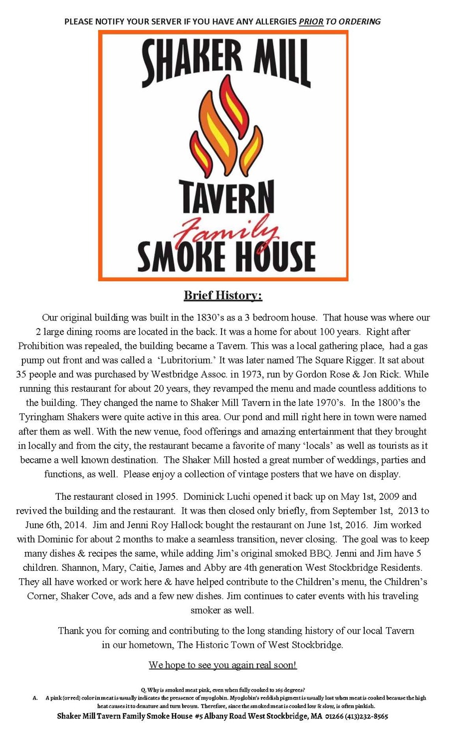 BerkshireMenus.com - Shaker Mill Tavern Family Smoke House