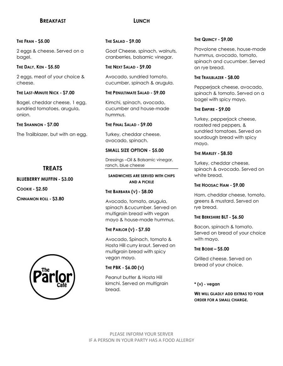 BerkshireMenus.com - The Parlor Cafe